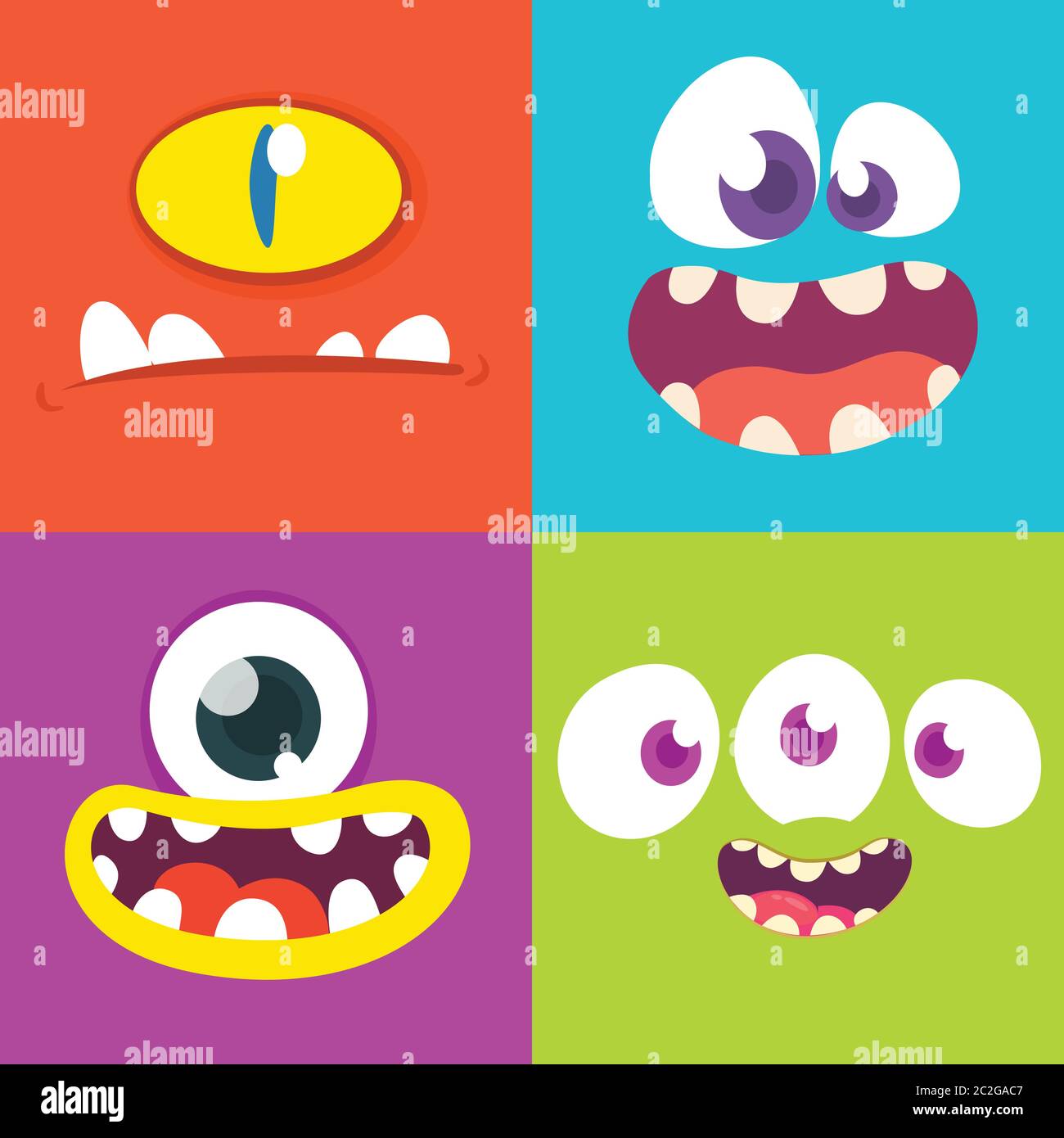 Cartoon monster faces set. Vector set of four Halloween monster faces ...