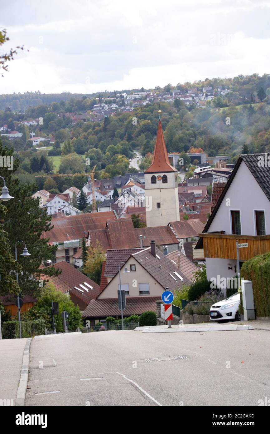 view of the historic church tower in the village of Weissach Stock ...