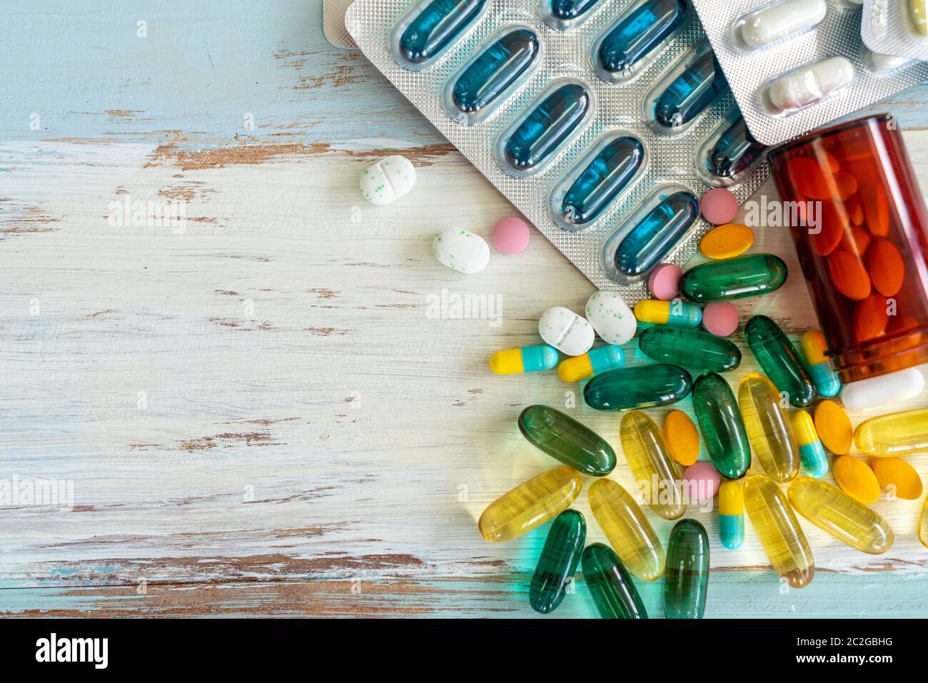 Top view assorted pharmaceutical medicine pills, tablets and capsules ...