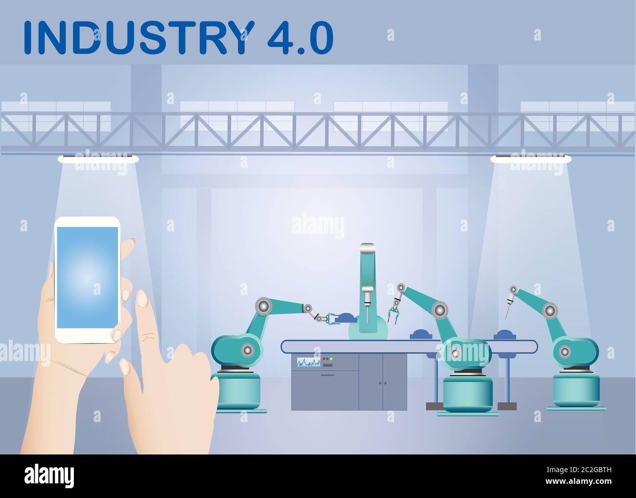 Industry 4.0 Smart factory wireless connection concept showing robots ...