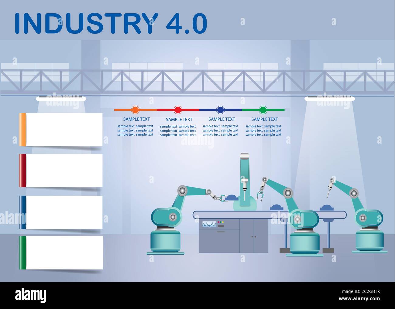 Industry 4.0 Smart factory concept showing color timeline, four blank ...