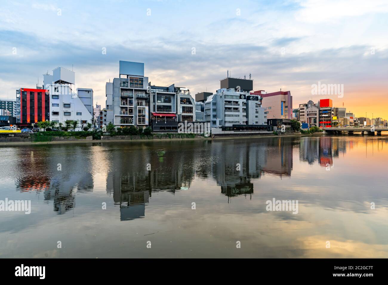 Fukuoka old town along naka river at Nakasukawabata sunset twilight ...