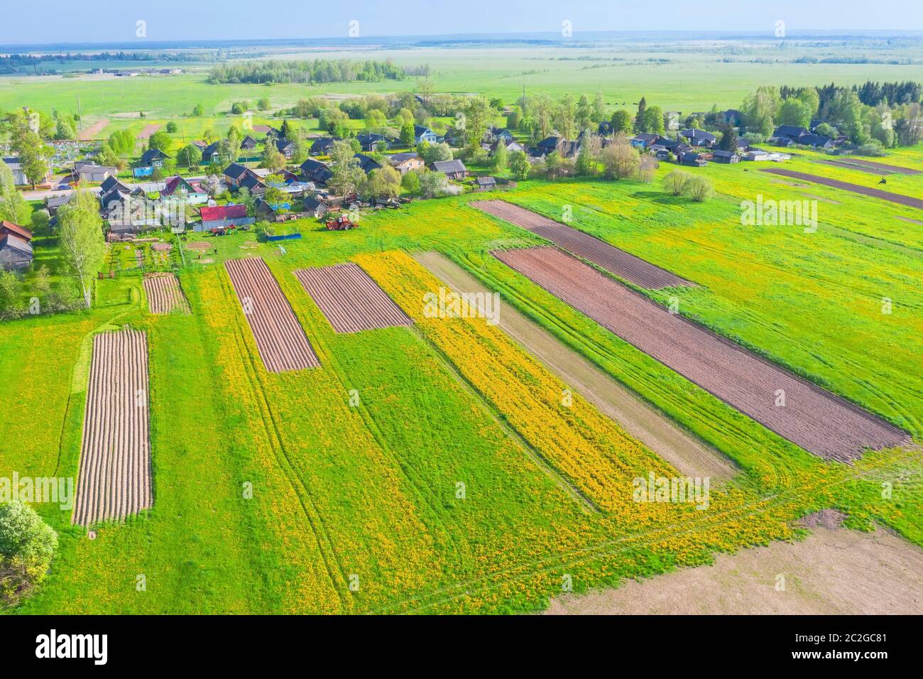 Bird's-eye view of a summer rural village landscape country with ...