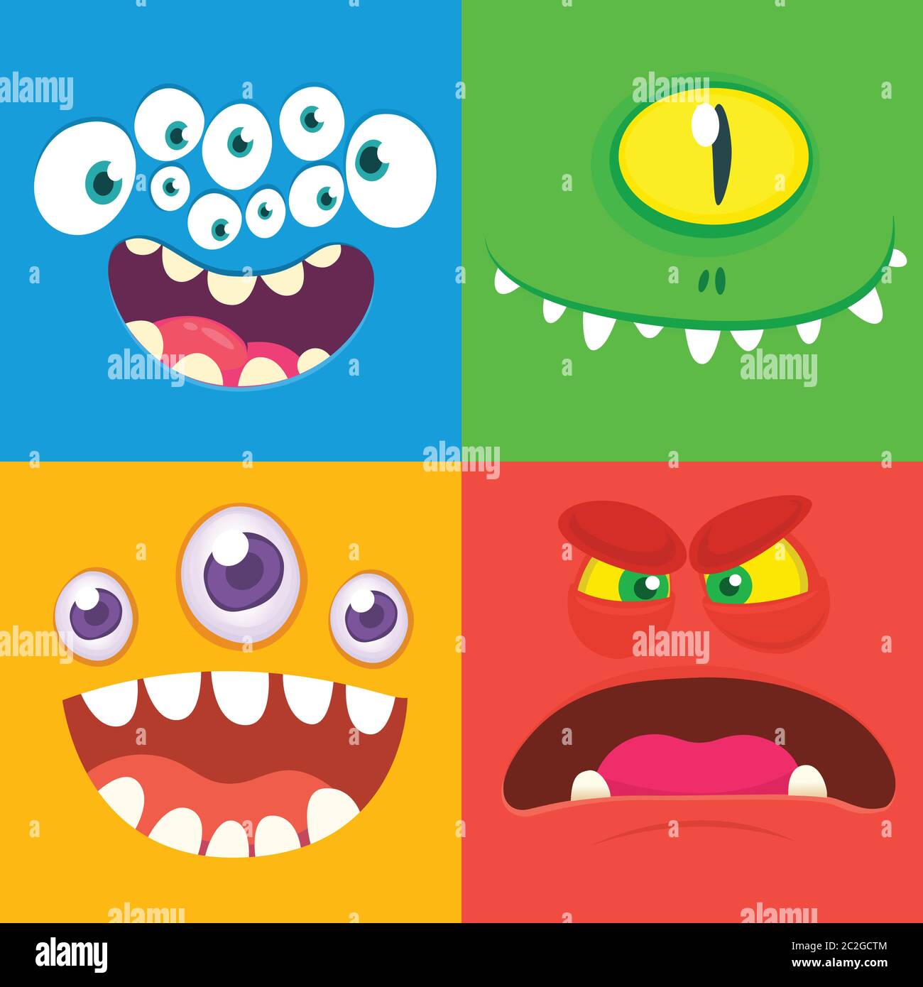 Cartoon monster faces set. Vector set of four Halloween monster faces ...