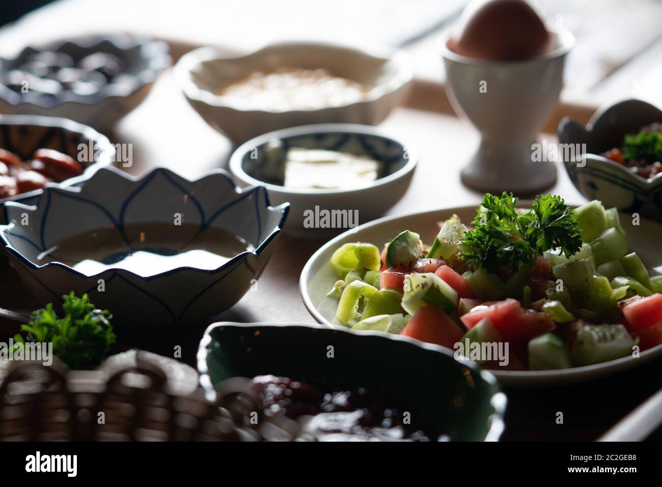 Side view of Turkish breakfast isolated on rustic wooden table Stock ...