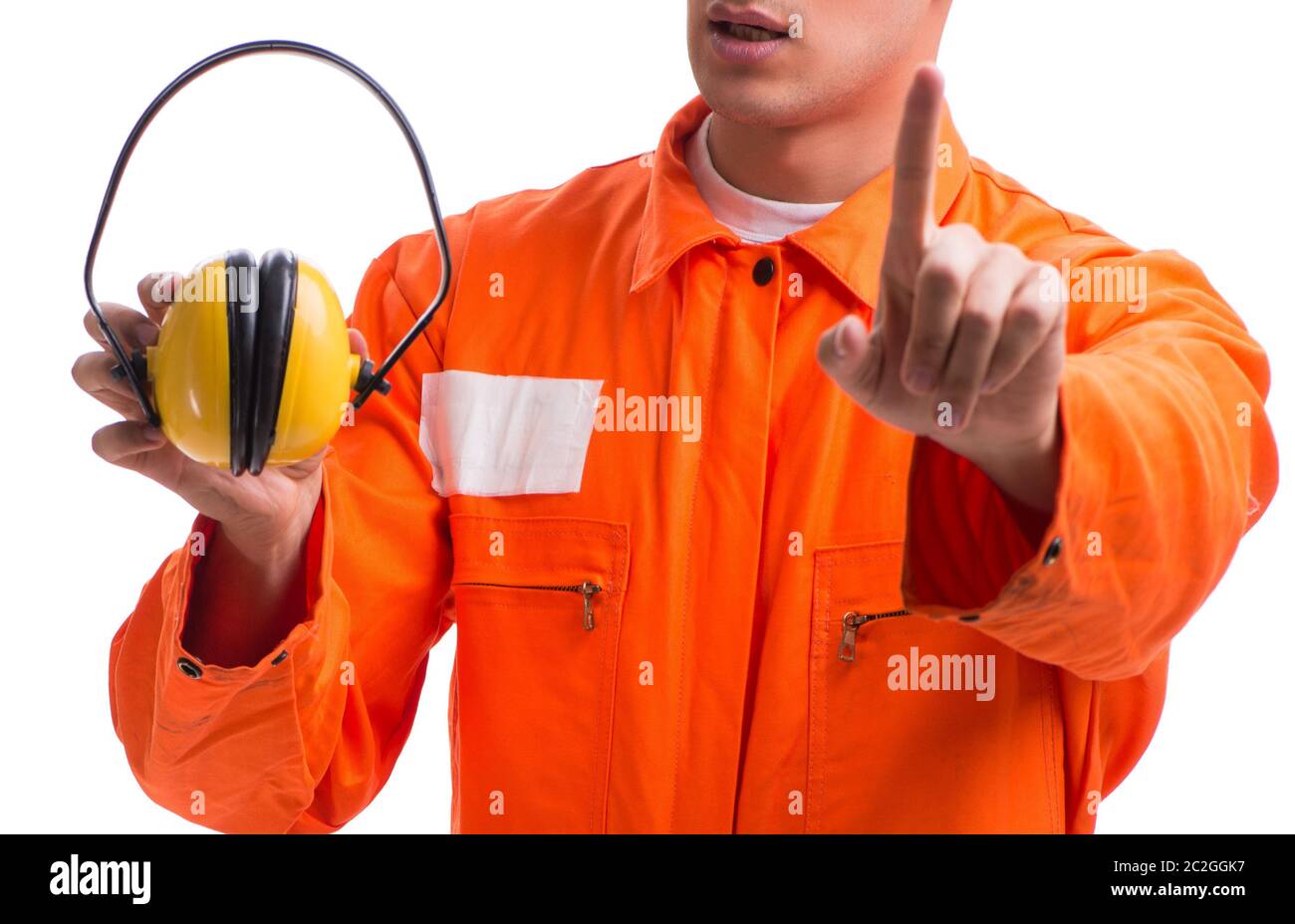 Construction worker with noise cancelling earphones Stock Photo - Alamy