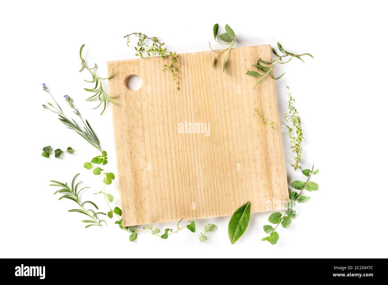 Recipe Design Template. Cutting board with herbs, shot from above on a ...