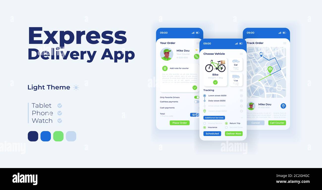 Express delivery app cartoon smartphone interface vector templates set ...