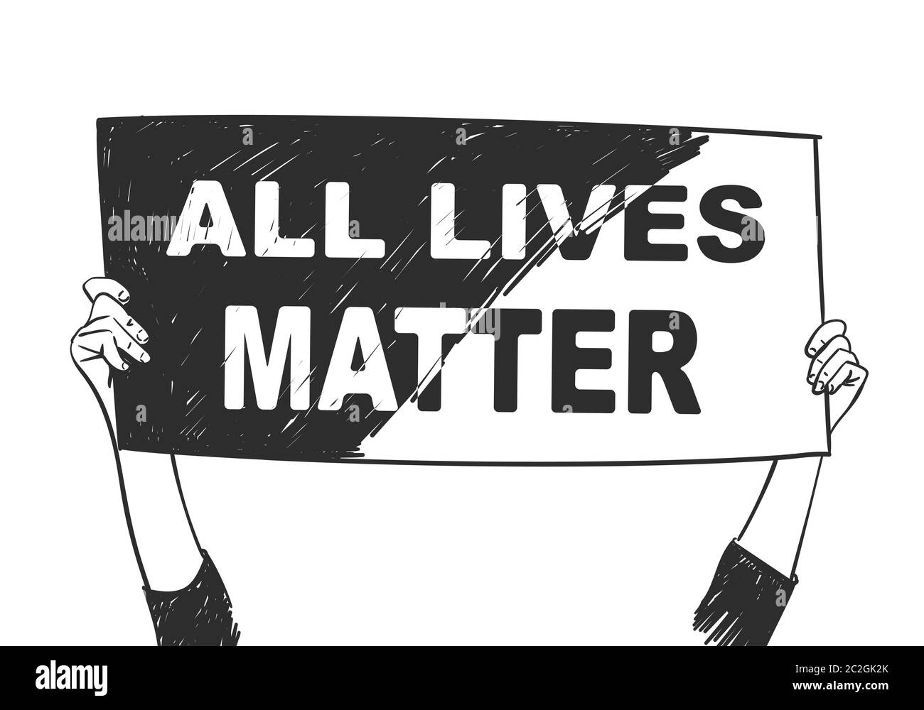 All Lives Matter. Hands holding mixed black and white banner with text. Vector sketch, Hand ...