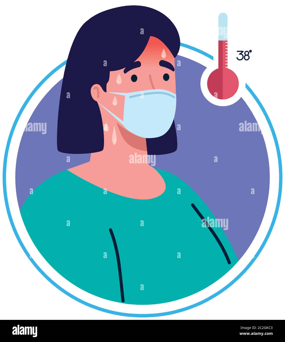 woman wearing medical mask with high fever symptom of coronavirus covid ...