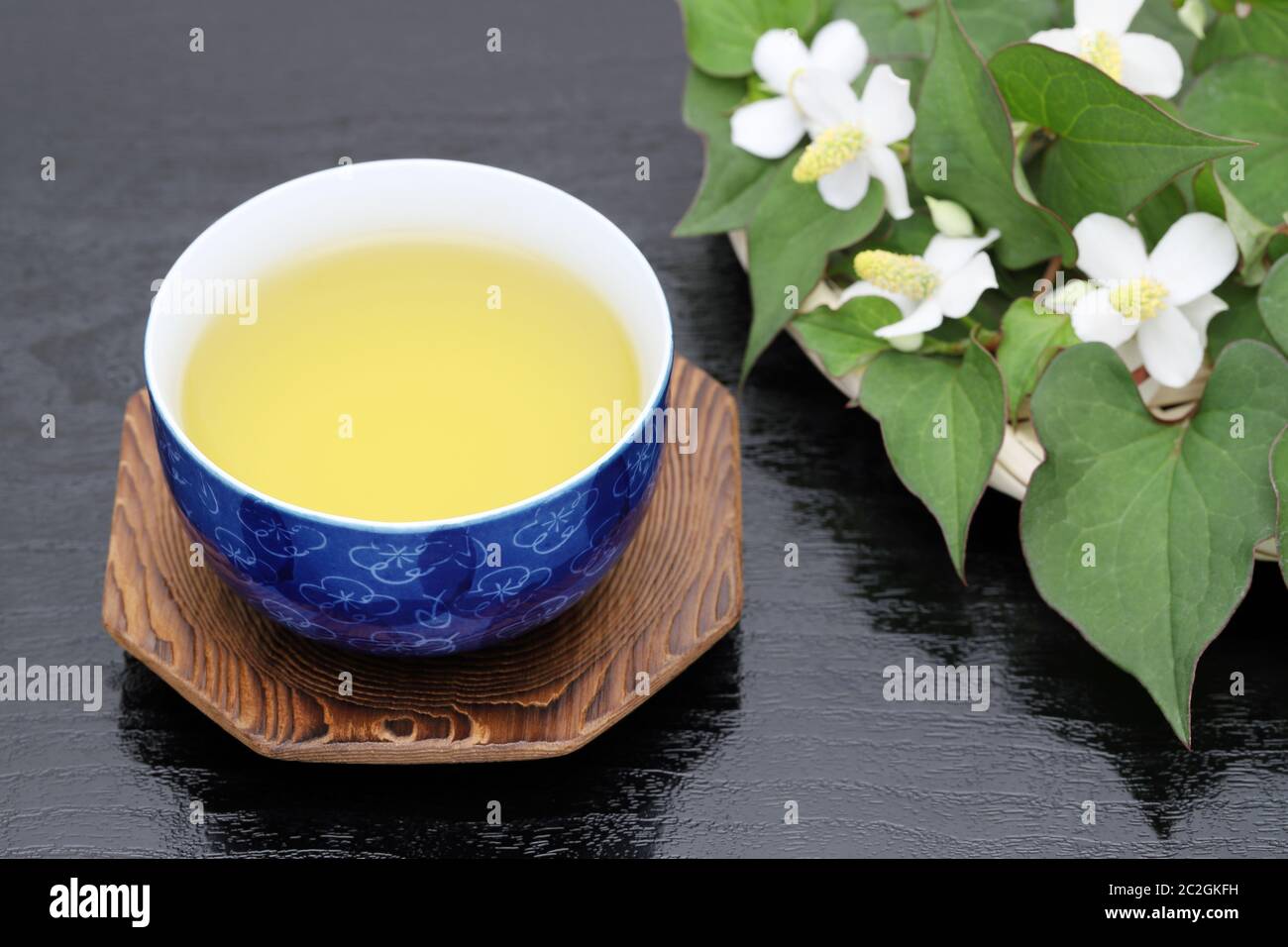 Houttuynia cordata tea, healthy dokudami drink, on black background ...