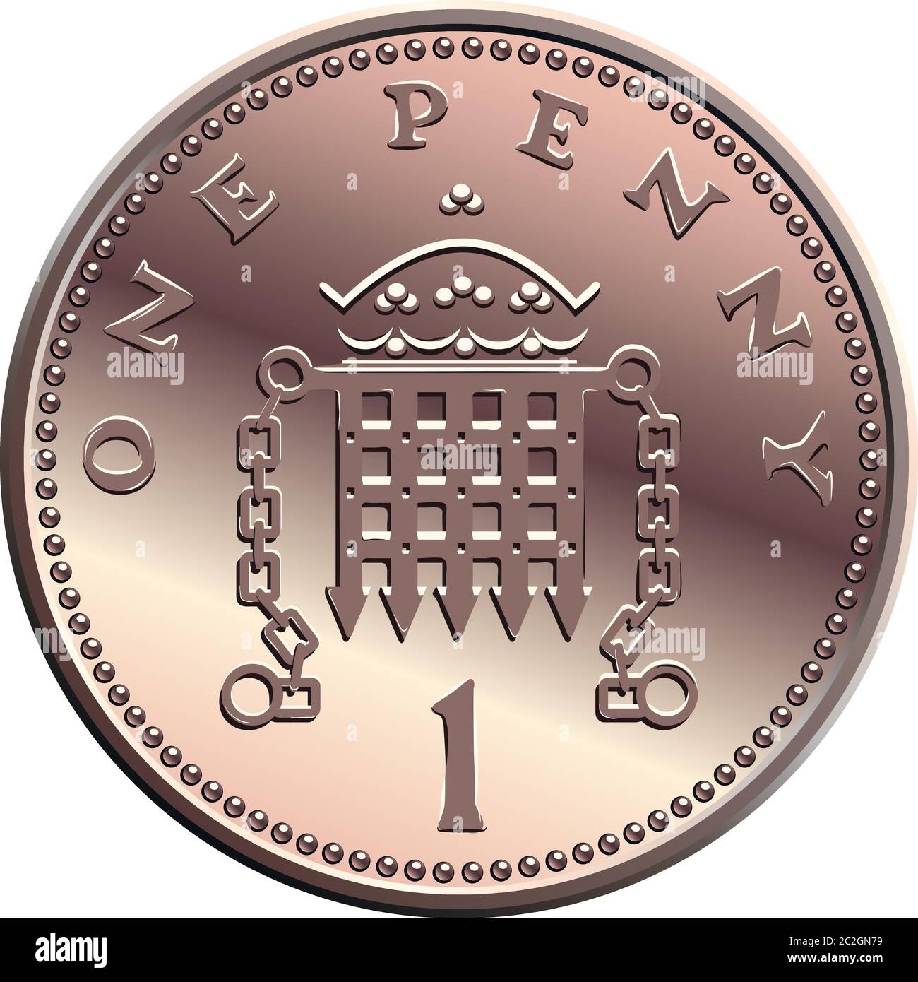 Vector british money bronze coin One penny, crowned portcullis with ...