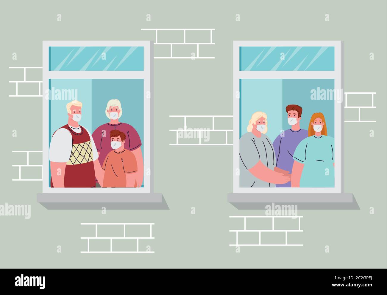 stay home, house facade with window, members family look out of home ...