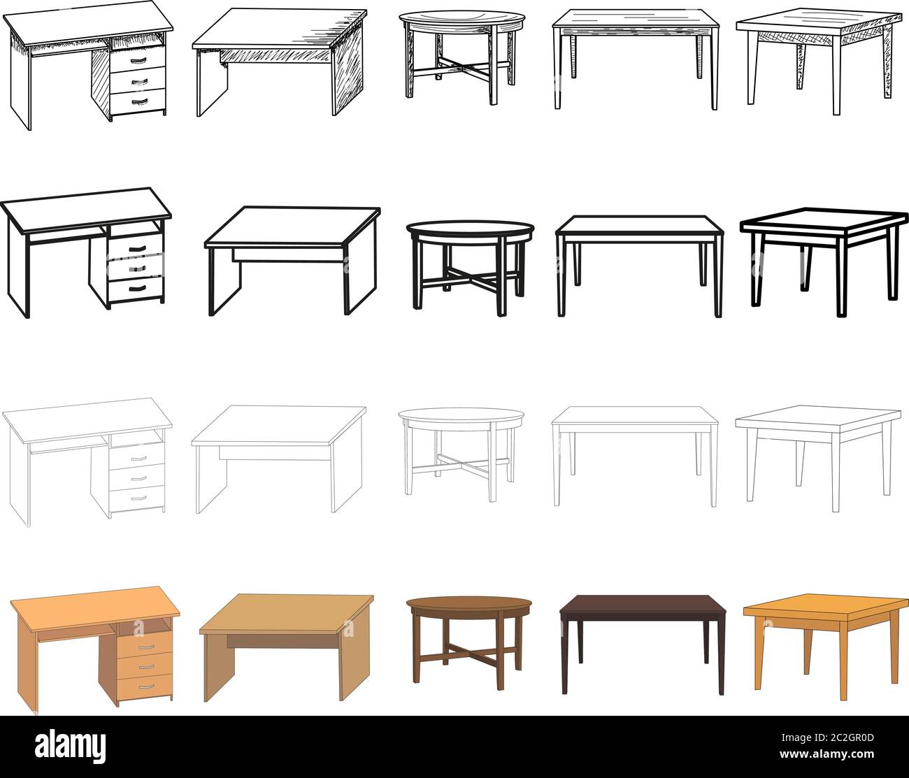 vector, isolated desk, sketch of a table, collection Stock Vector Image ...