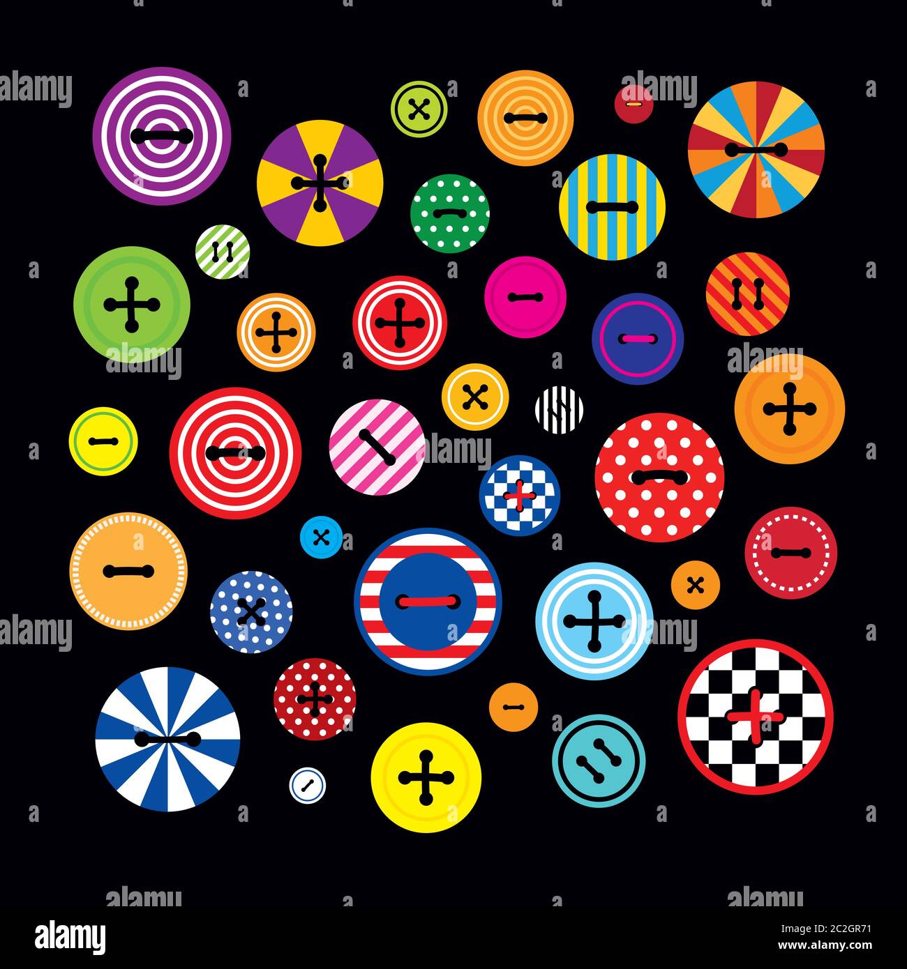 Set of a vector colorful clothing buttons. Composition on a black ...