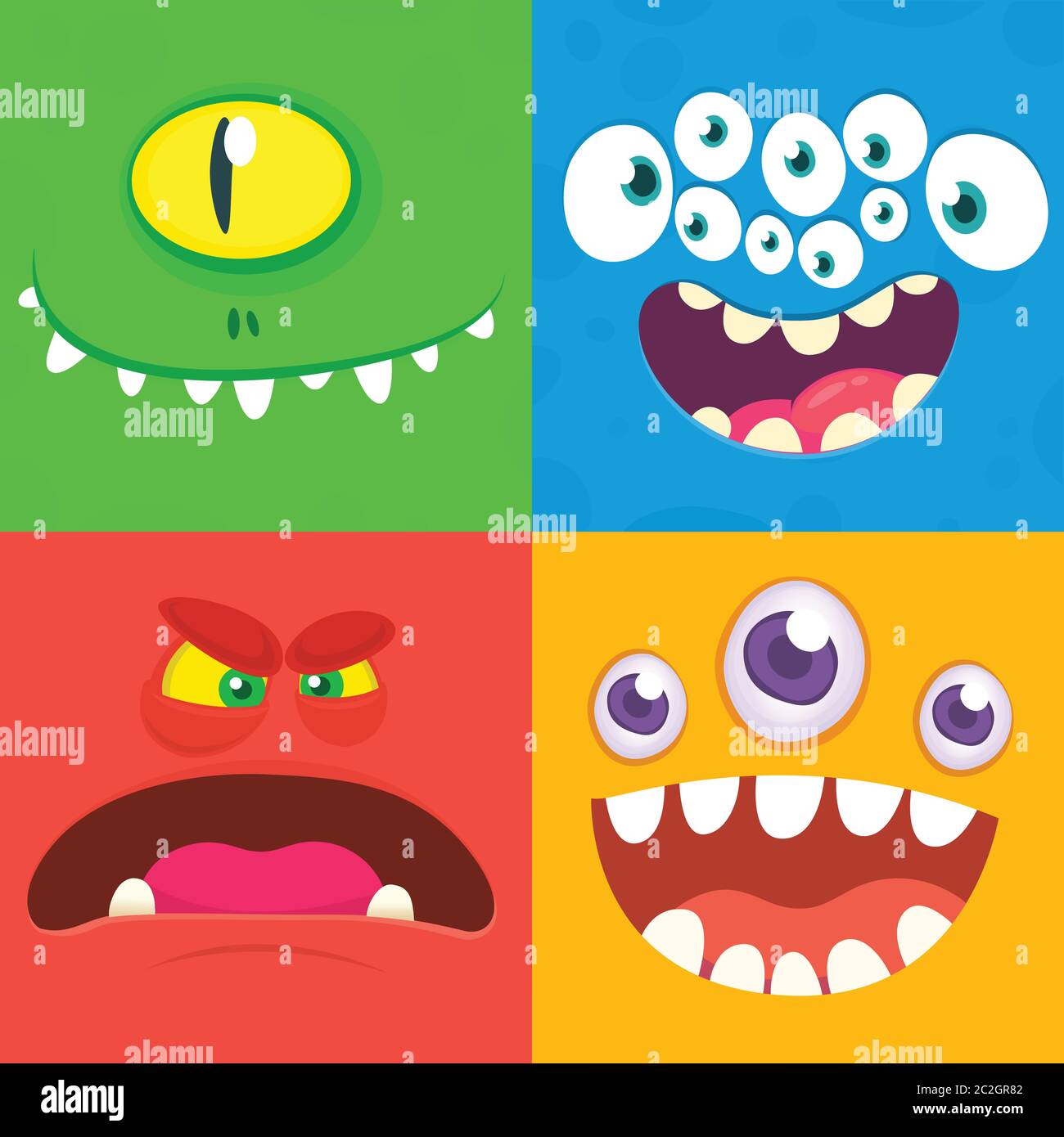 Cartoon monster faces set. Vector set of four Halloween monster faces ...