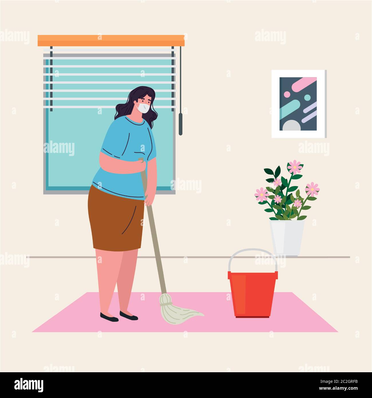 stay home, woman wearing medical mask,internal cleaning of the house ...