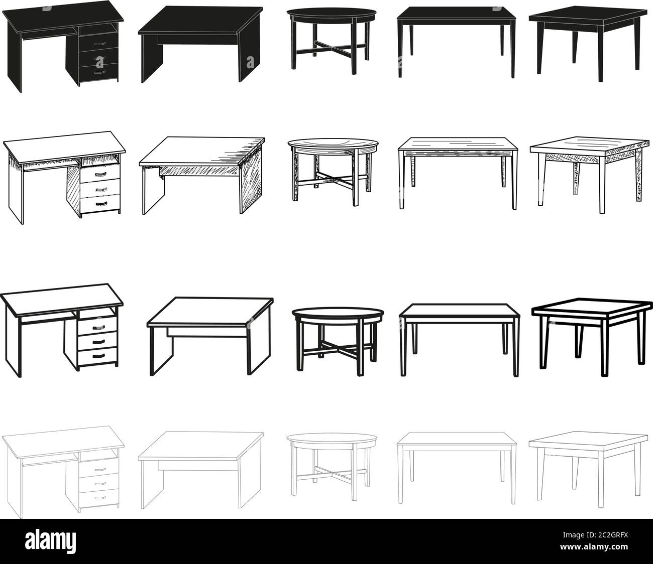 vector, isolated sketch of a table, collection, silhouette of a table ...
