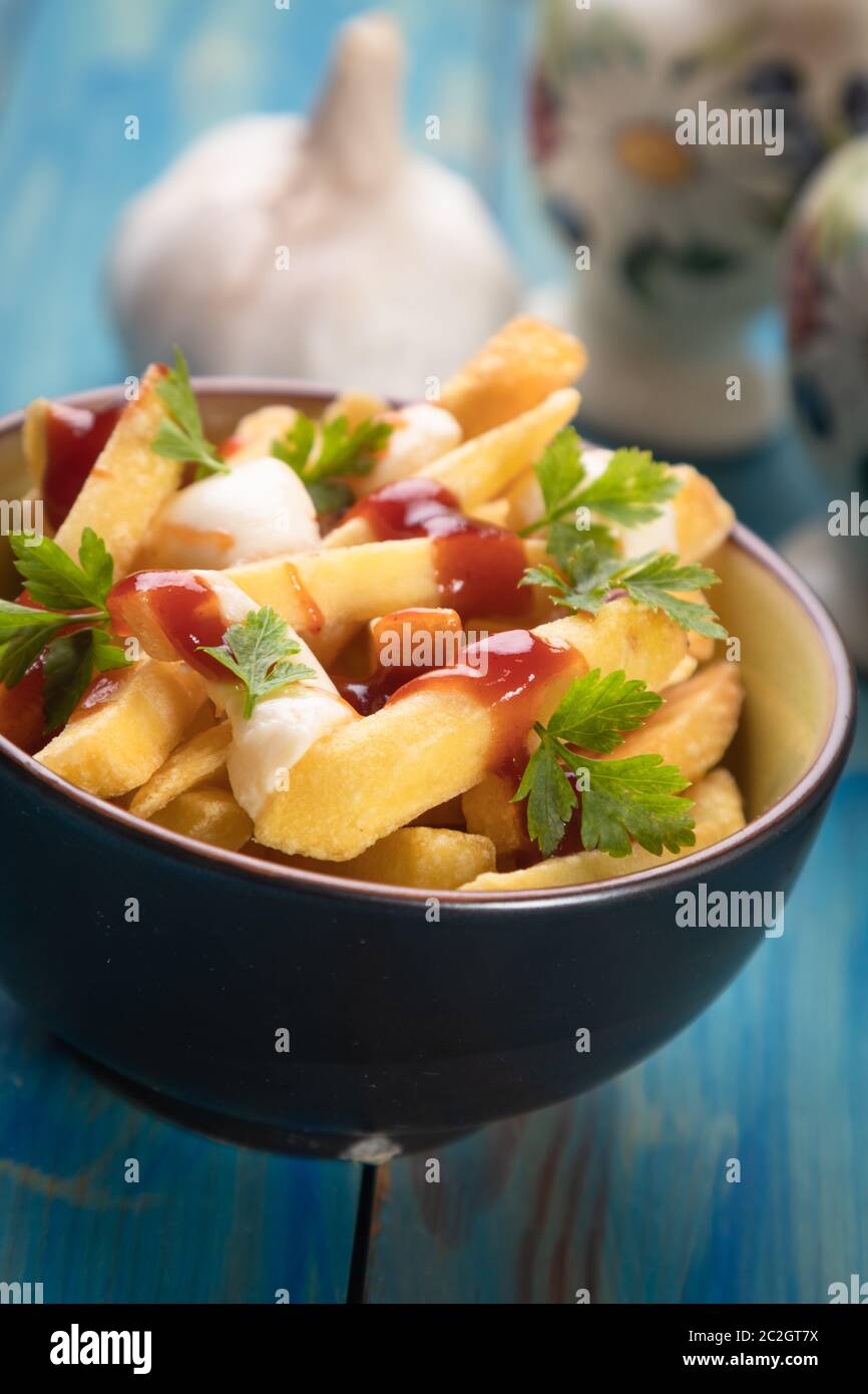 Canadian poutine, fried potato chips with cheese and gravy or sauce ...