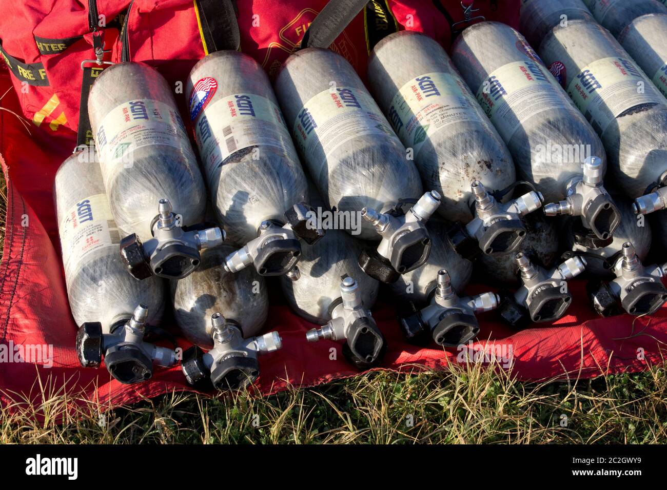 Austin Texas USA, February 4 2014: Air bottles are stacked for use as ...