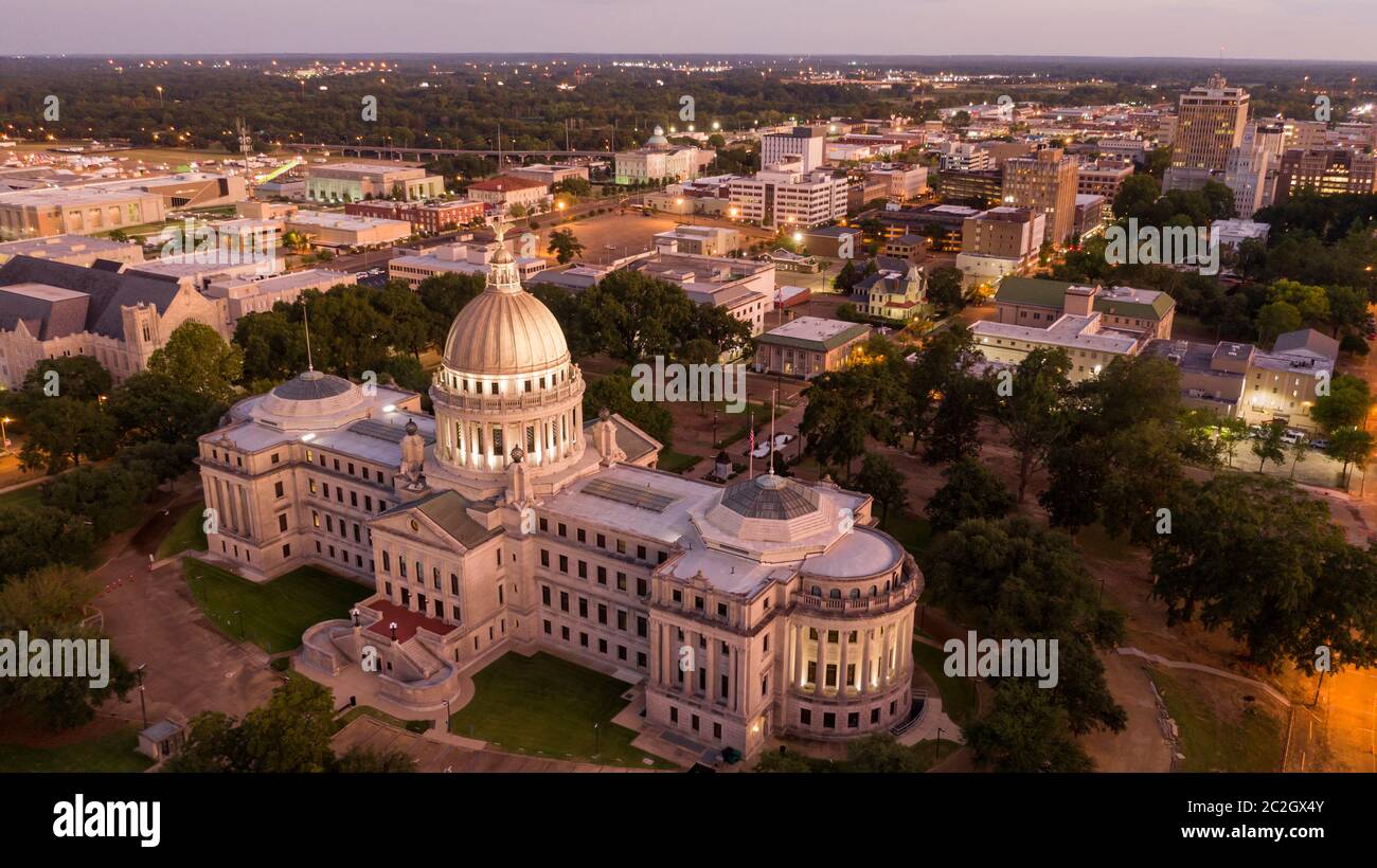 Aerial Perspective as night falls over the buildings and streets of ...