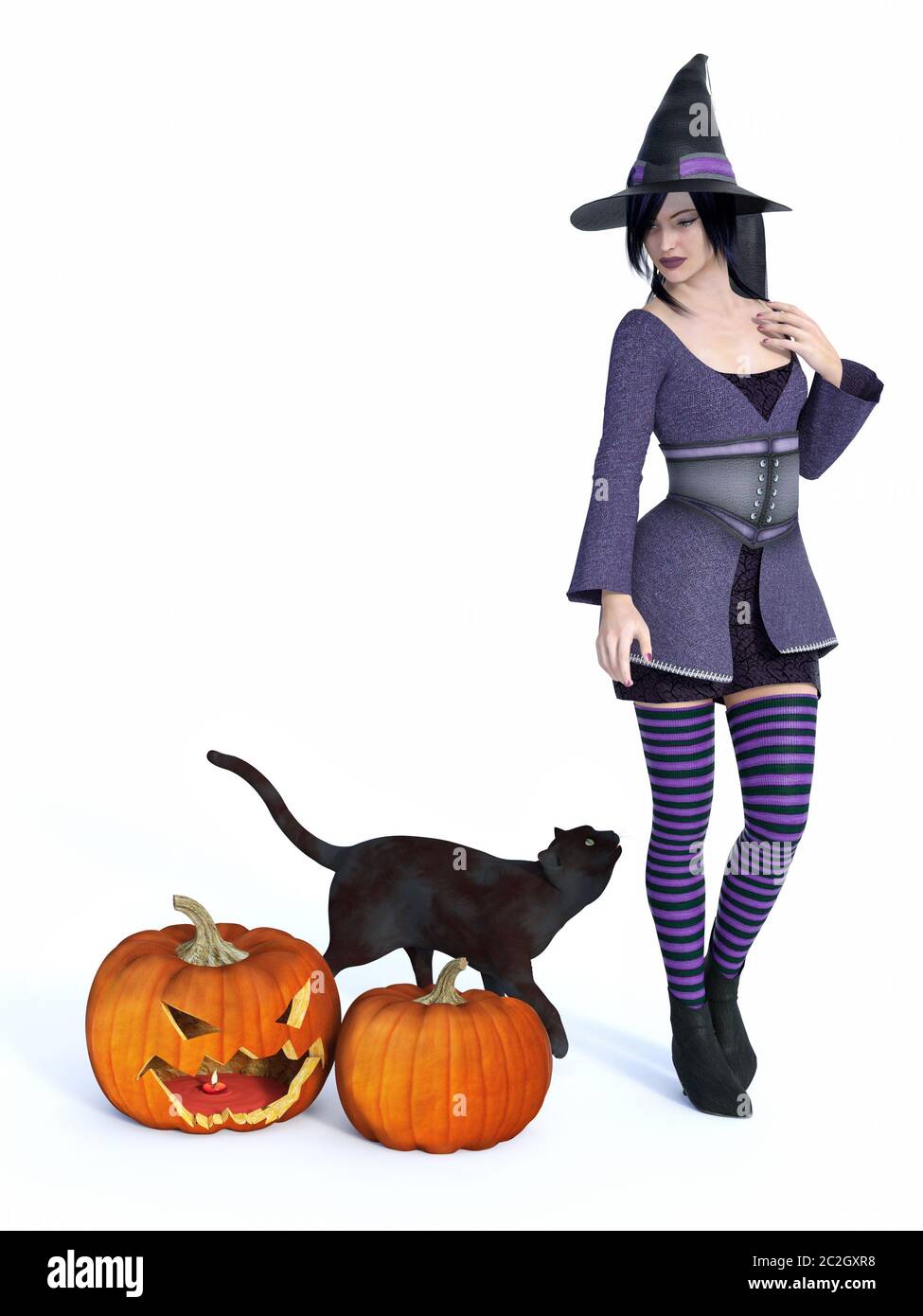 3D rendering of a cute pin-up styled witch dressed in purple clothes ...