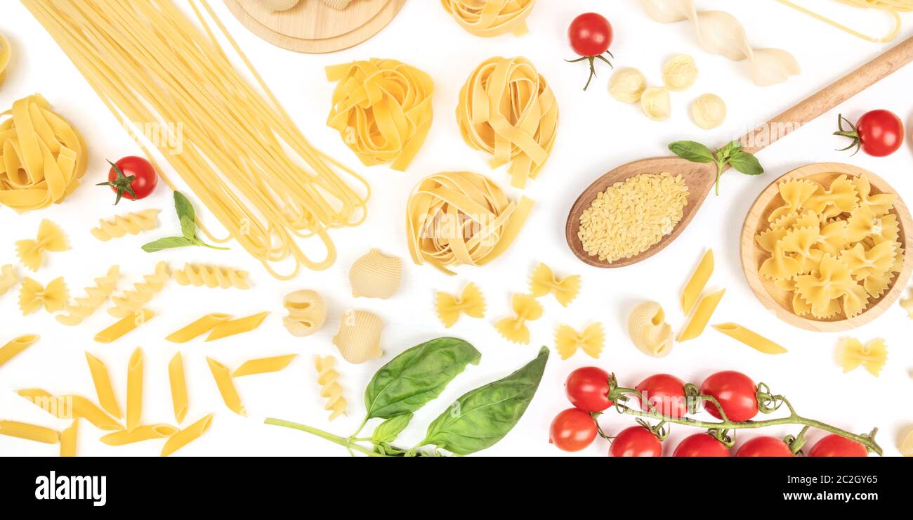 A panorama of Italian pasta on a white background Stock Photo - Alamy