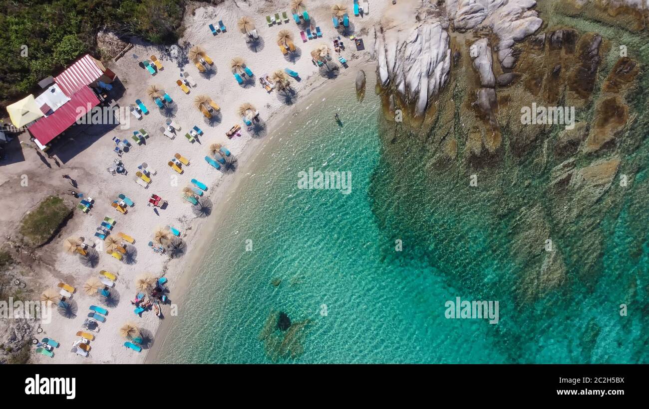 Mediterranean Greek landscape drone shot Kavourotripes beach. Sithonia ...