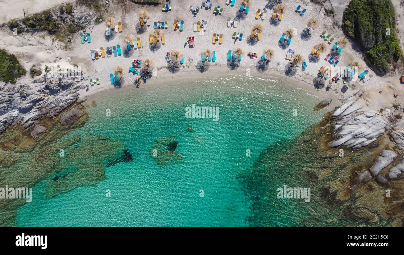 Mediterranean Greek landscape drone shot Kavourotripes beach. Sithonia ...