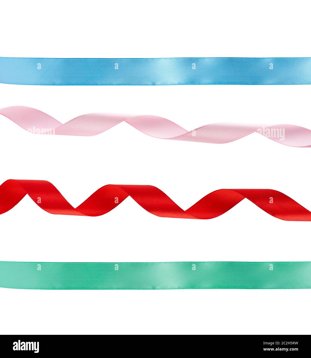 green and blue straight, curled red and pink satin ribbons isolated on ...
