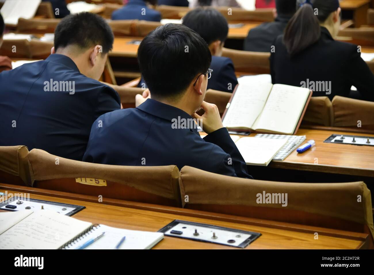 Pyongyang, North Korea - April 29, 2019: Students in the classroom of ...