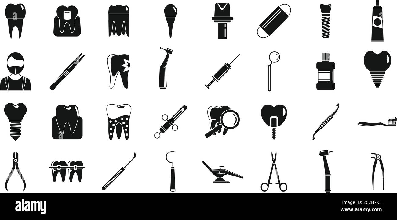 Modern tooth restoration icons set. Simple set of modern tooth ...