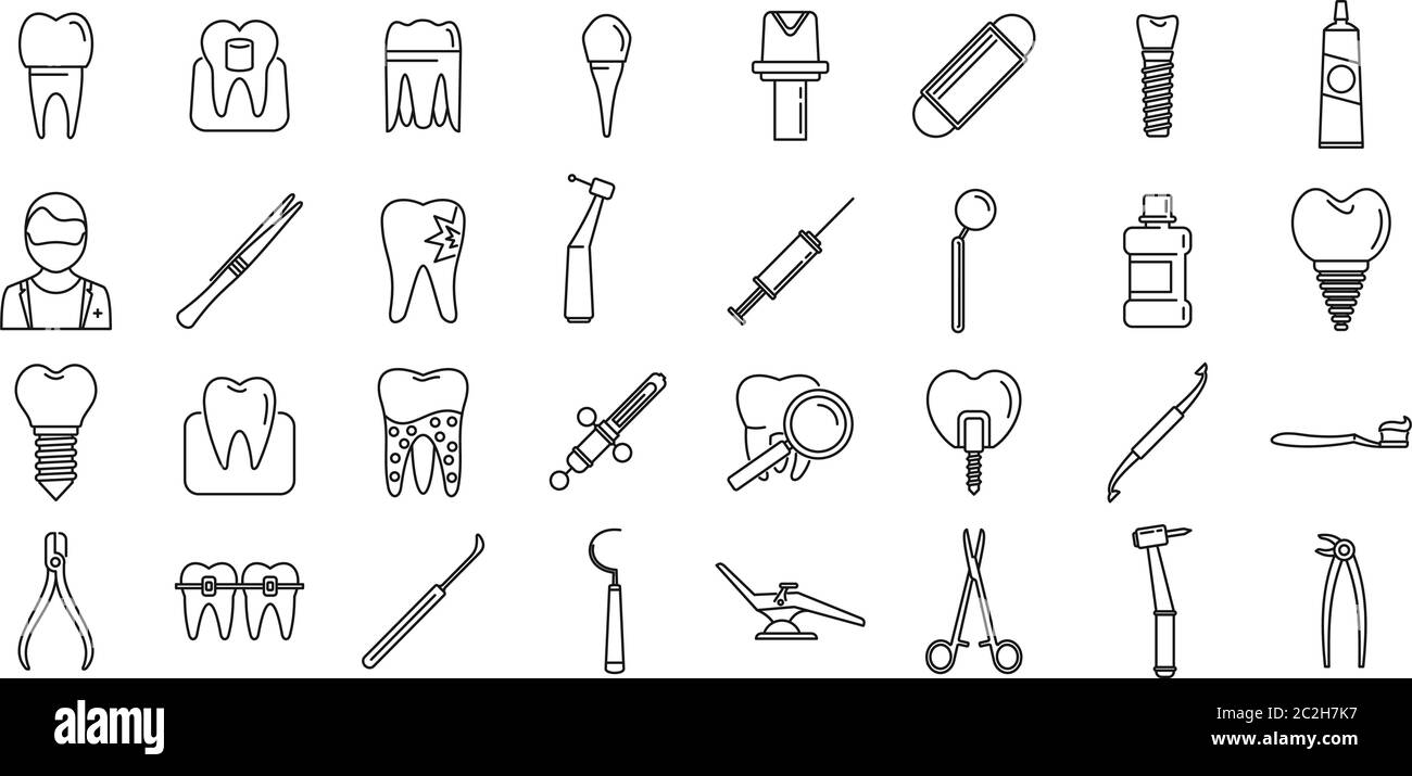 Tooth restoration clinic icons set. Outline set of tooth restoration ...