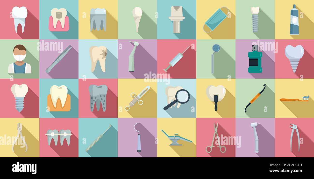 Tooth restoration icons set. Flat set of tooth restoration vector icons ...