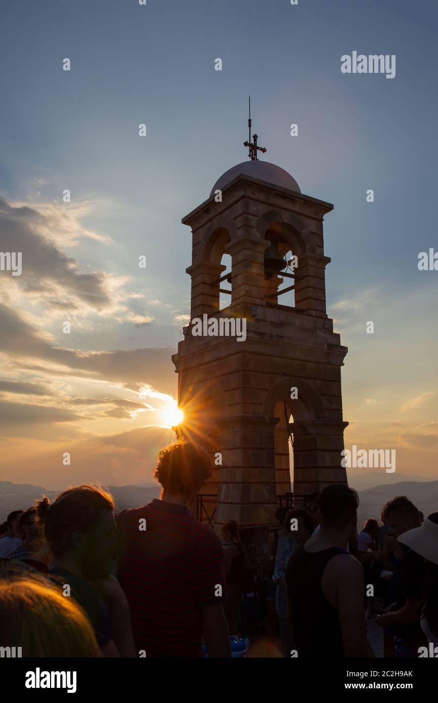 Small Church - Bell tower on Filothei Hill at sunset in Athens ...