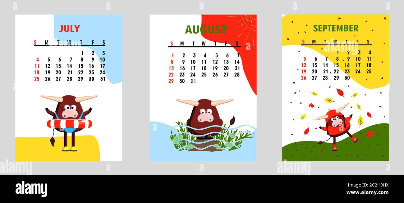 bull, white bull calendar or A4 planner for 2021 with cartoon kawaii ...