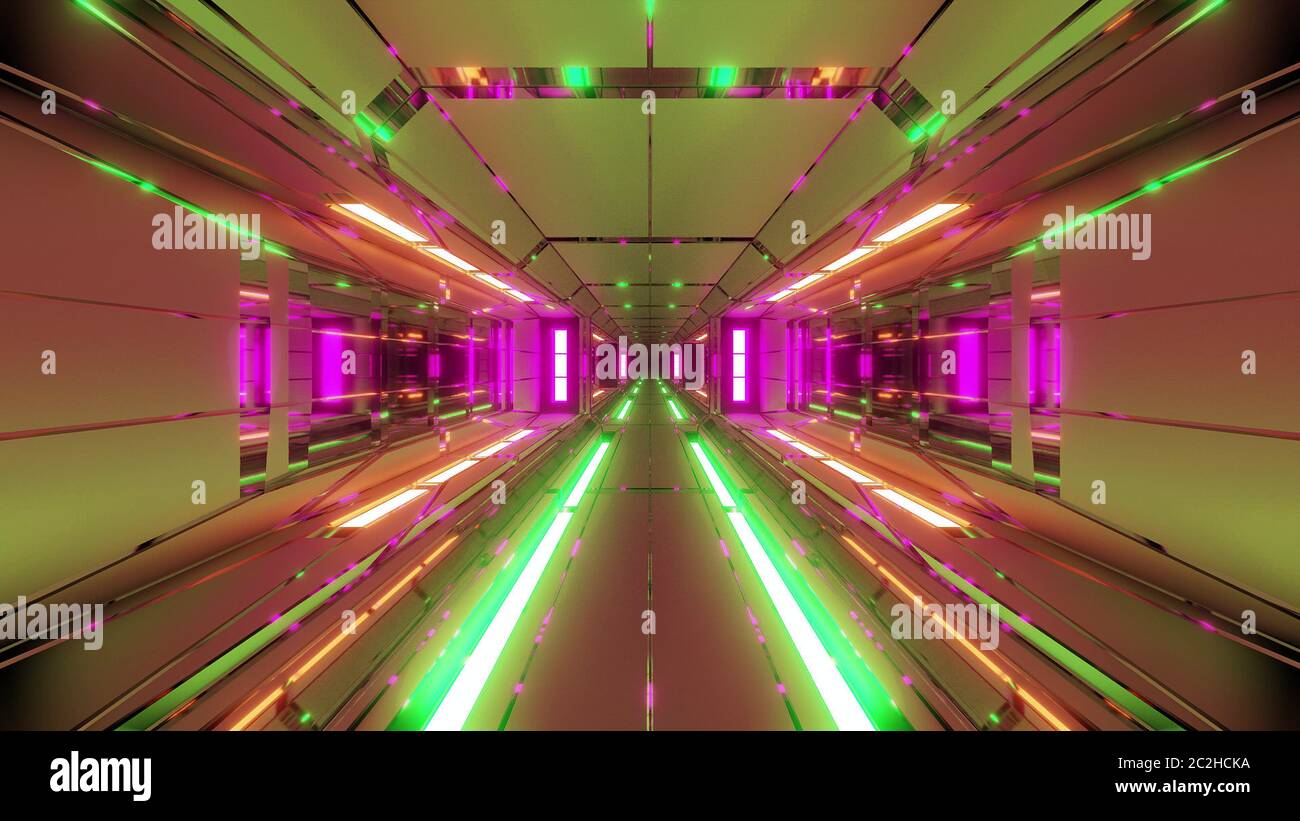 futuristic space hangar tunnel corridor with hot metal steal 3d ...