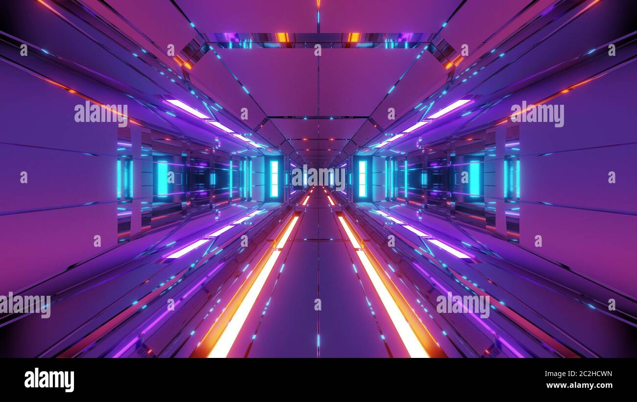 futuristic space hangar tunnel corridor with hot metal steal 3d ...