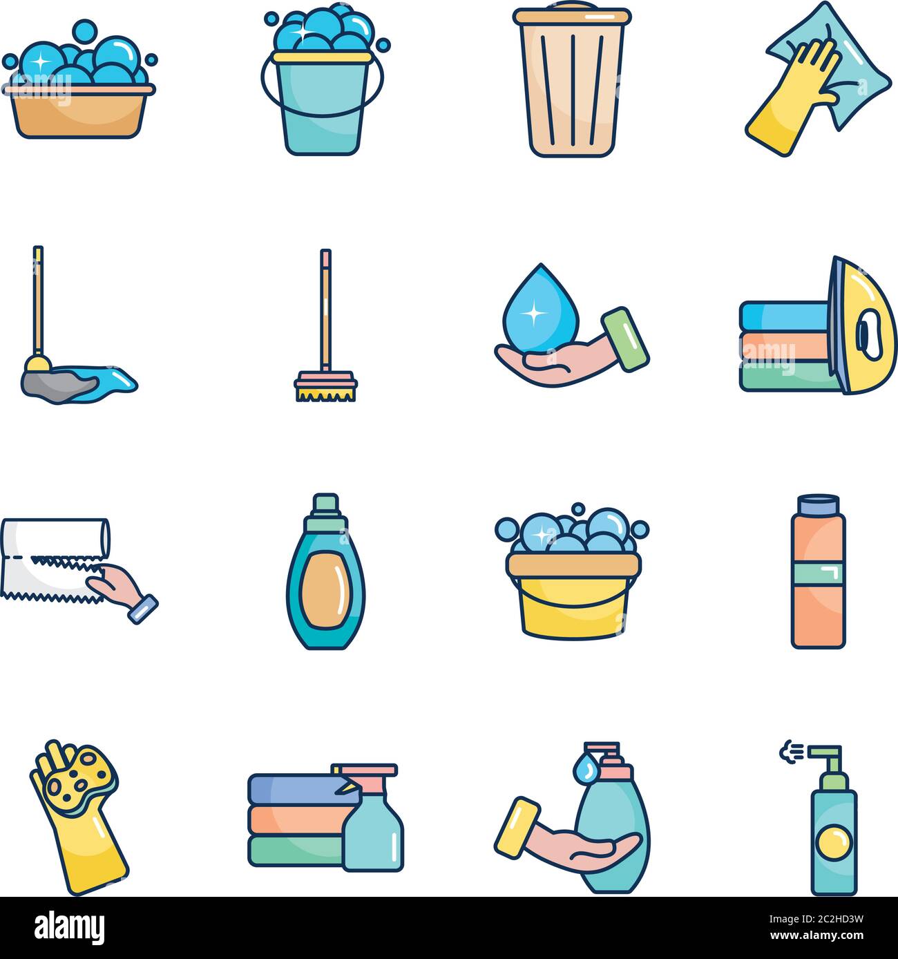buckets and cleaning products icon set over white background, line fill ...