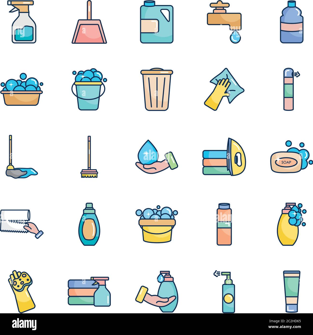water faucet and cleaning products icon set over white background, line ...