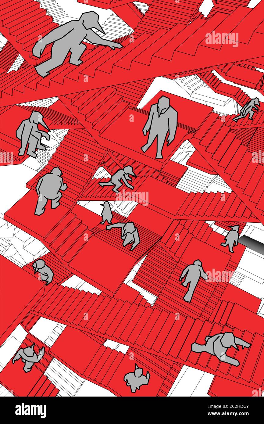 lost and confused people running upwards and downwards a labyrinth of ...