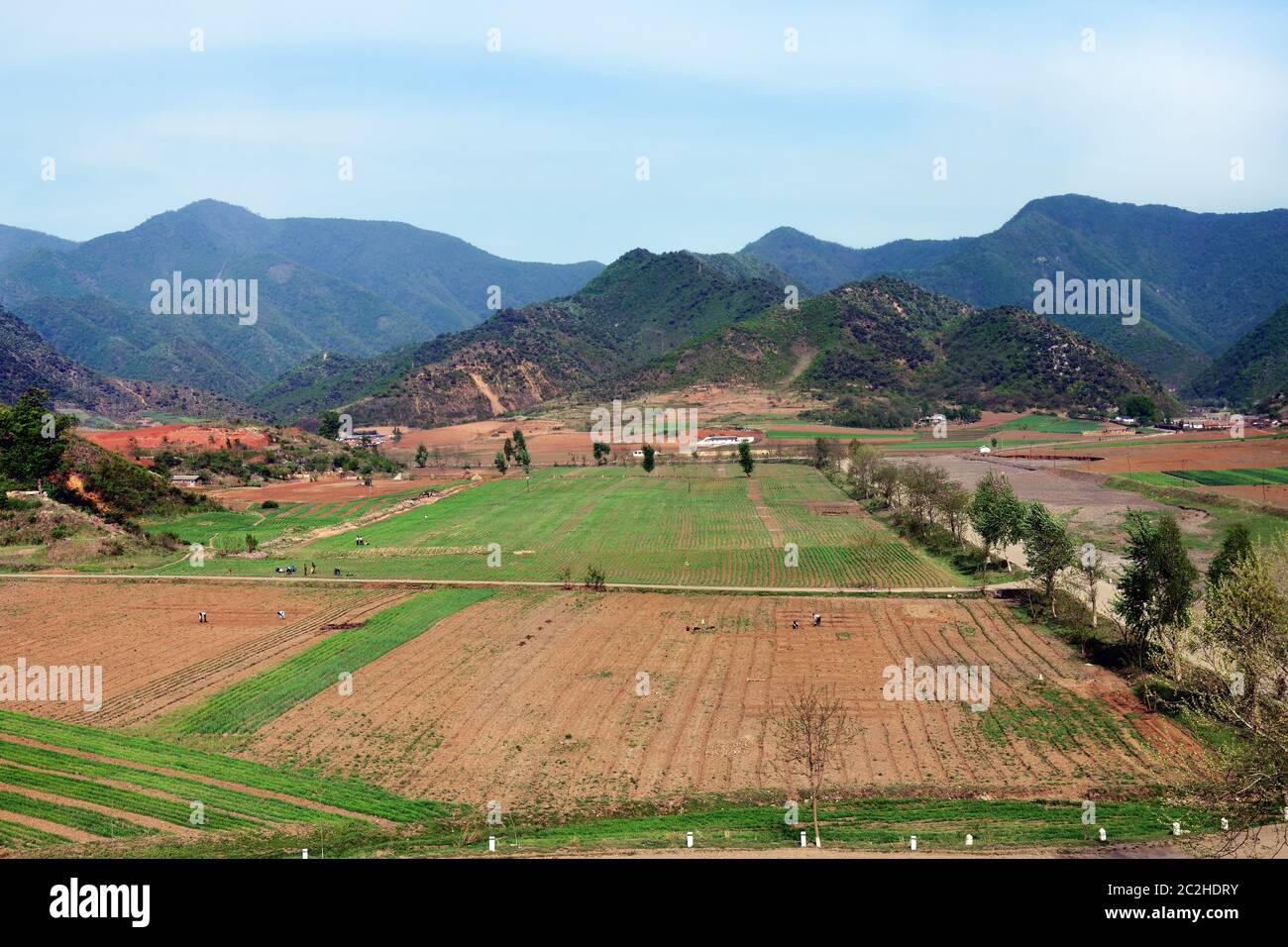 North Korea landscape. Mountains and plowed agriculture fields in ...