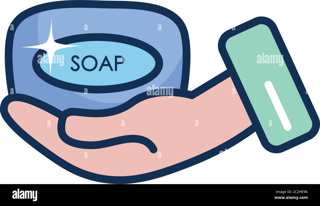 hand holding a soap bar icon over white background, line fill style ...