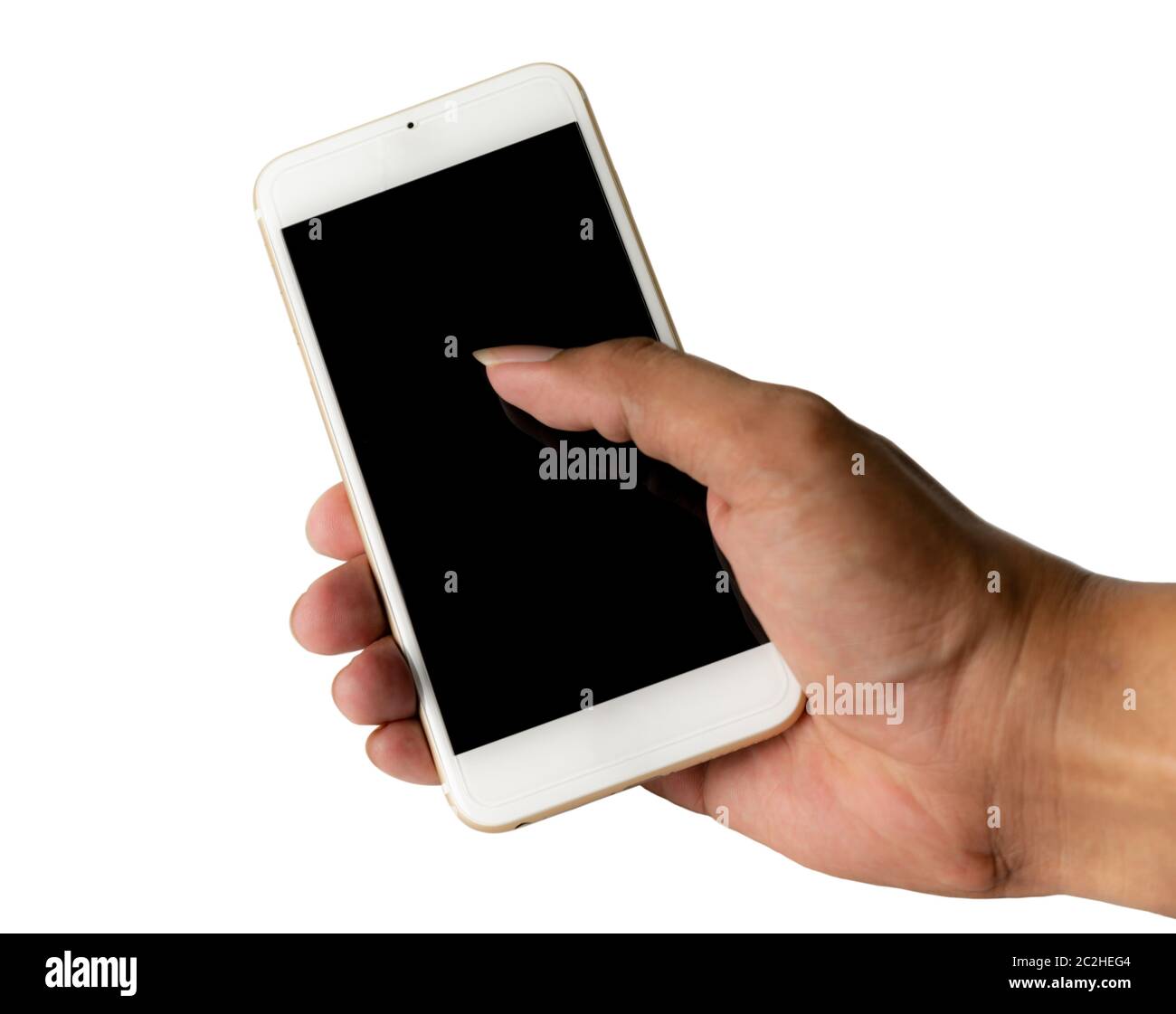 Hand with smart phone black screen isolated on white background with ...