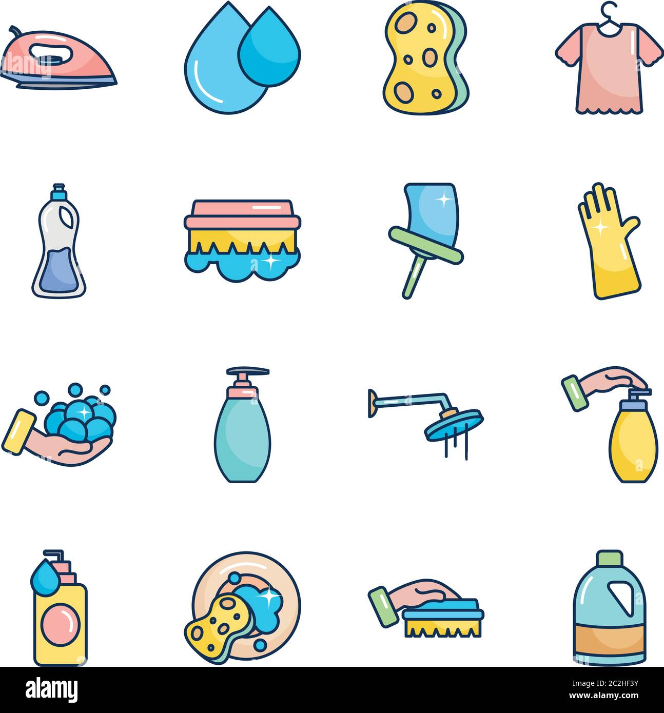 iron and cleaning tools icon set over white background, line fill style ...