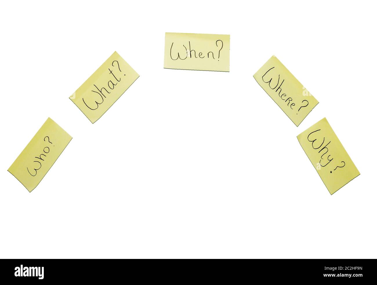 The 5 Ws who, what, when, where, why, how question on six sticky notes ...