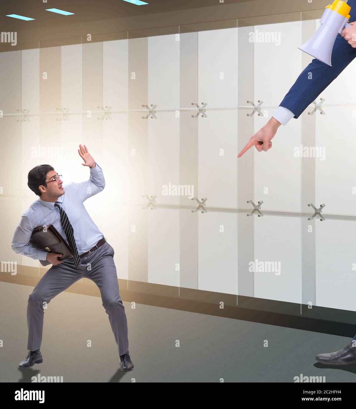 The bad angry boss shouting at employee with loudspeaker Stock Photo ...