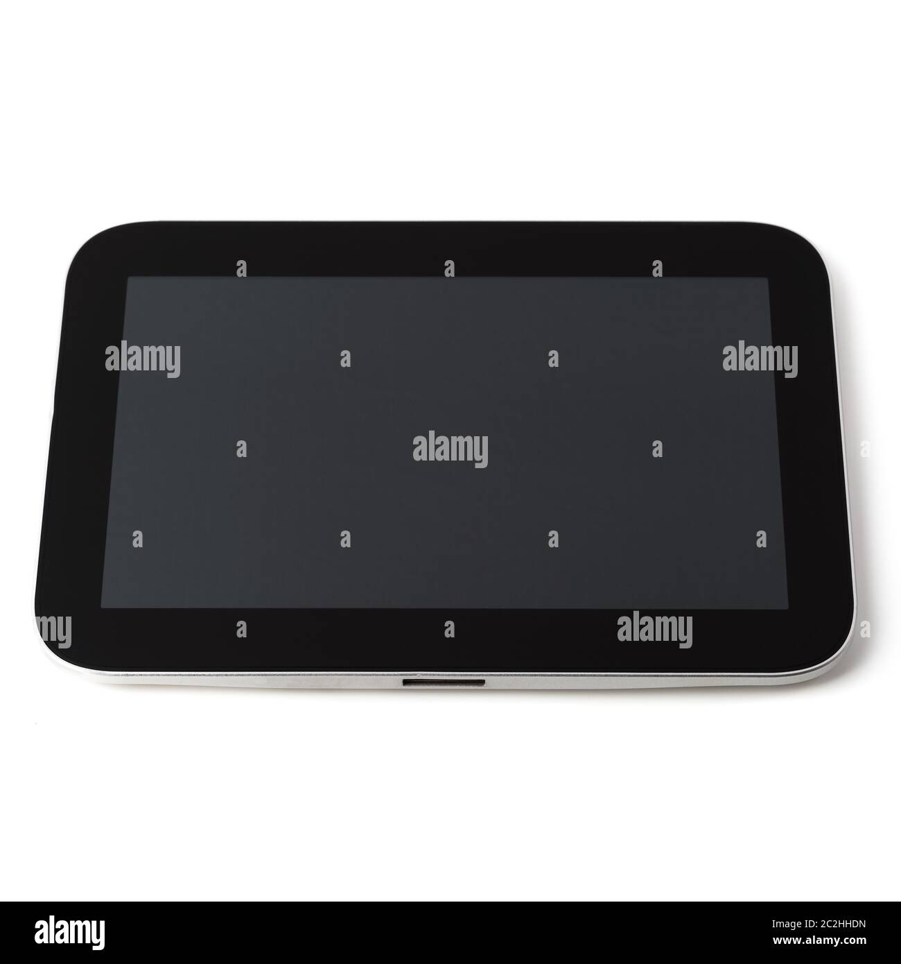 Tablet computer on white background, black frame, grey screen, isolated ...