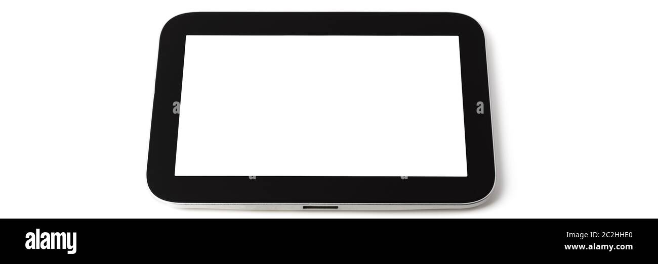 Tablet computer on white background, black frame, white screen ...