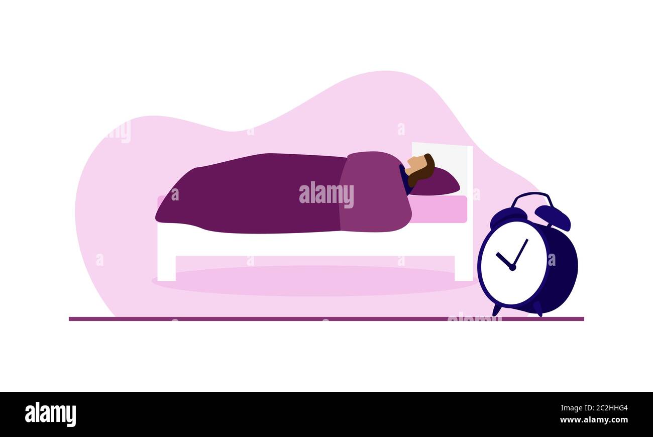 Vector of woman lying on purple and white bed sleeping under blanket ...